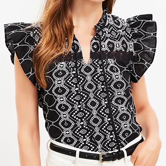 LOFT | Tops | Loft Embroidered Ruffle Sleeve Blouse Nwt | Poshmark